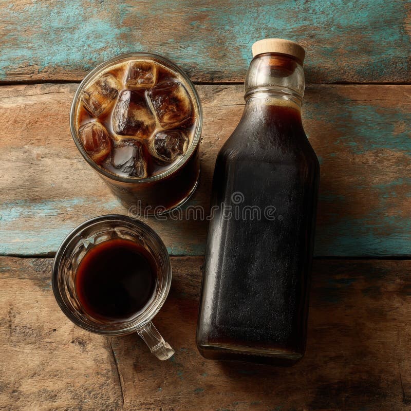 Iced Coffee and Cold Brew Concentrate on Rustic Wood Stock Illustration ...