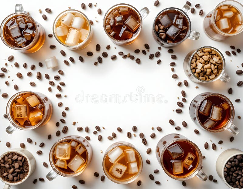 Iced Coffee Collection with Beans on White Surface Stock Image - Image ...