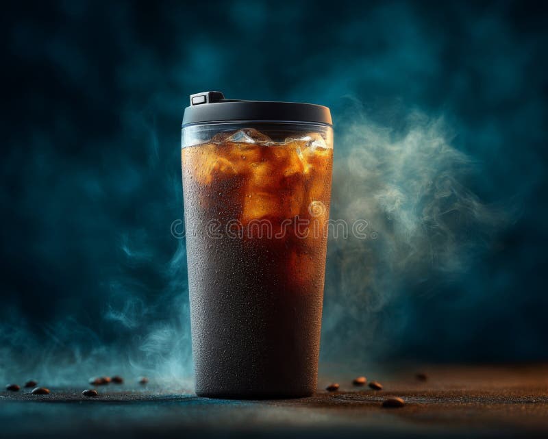Iced Coffee in Condensation-Covered Mug with Teal Smoke Stock ...