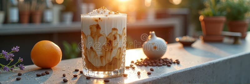 Iced Coffee with Cream and Spices on Sunny Outdoor Cafe Counter Stock ...