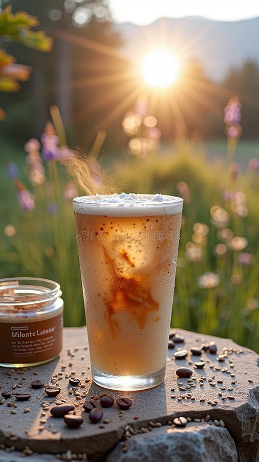 Iced Coffee with Cream in Sunlit Garden Featuring Spices and Coffee Beans Stock Photo - Image of ...