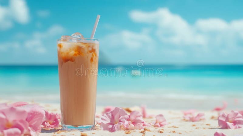 Iced Coffee Drink on Tropical Beach with Flowers Stock Illustration ...