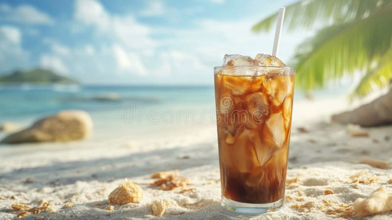 Iced Coffee Drink on Tropical Beach Sand Stock Illustration ...