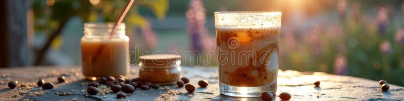 Iced Coffee Drinks and Coffee Beans on Sunlit Outdoor Table Stock Image ...