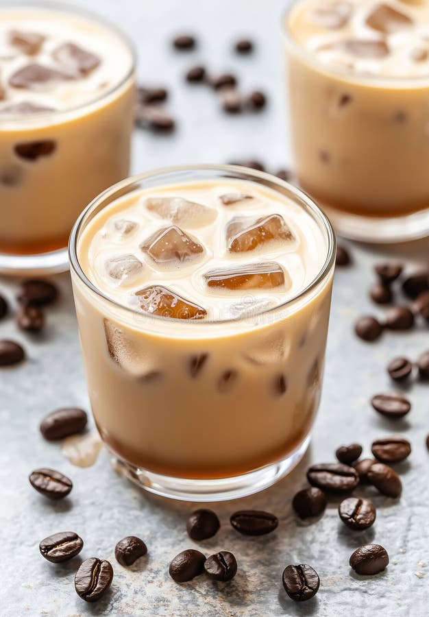 Iced Coffee Drinks Served in Clear Glasses with Coffee Beans Scattered ...