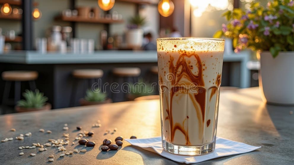 Iced Coffee with Drizzle in Modern Cafe Setting at Sunset Stock Image ...