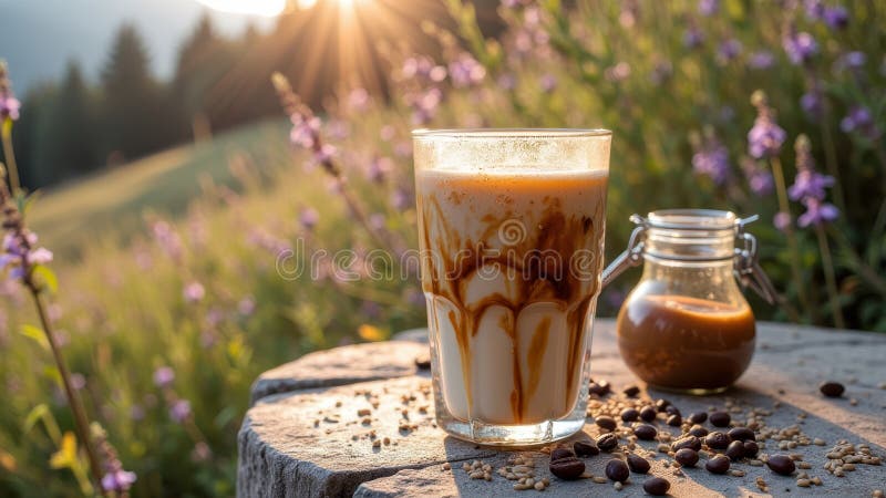 Iced Coffee in a Glass with Caramel Sauce on Rustic Table in Sunny ...