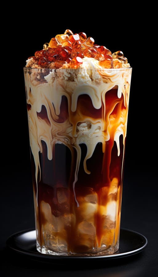 Iced Coffee in a Glass with Caramel Topping Against a Black Backdrop ...