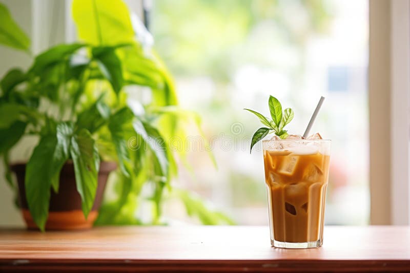 Iced Coffee in a Glass with a Leafy Plant Backdrop Stock Image - Image ...