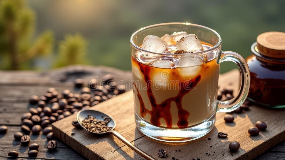 Iced Coffee with Ice Cubes and Coffee Beans on Rustic Wooden Table ...