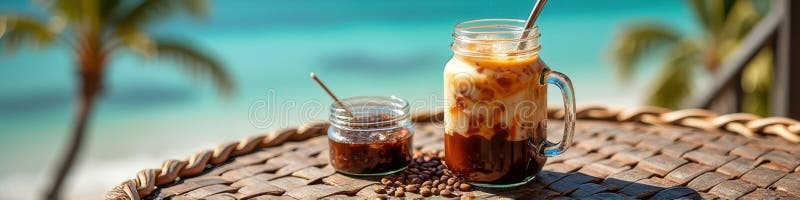 Iced Coffee and Jam Jar on Woven Table by Tropical Beach with Palm ...