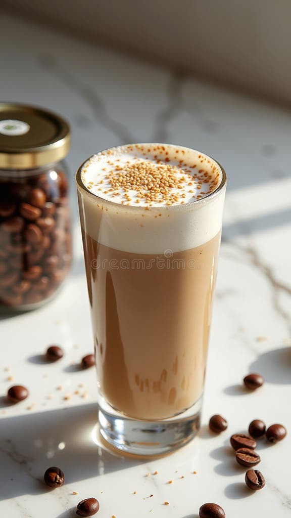 Iced Coffee Latte with Foam and Coffee Beans on Marble Counter in ...