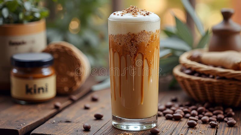 Iced Coffee Latte with Foamy Top and Caramel Drizzle on Wooden Table ...