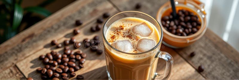 Iced Coffee Latte with Ice Cubes and Coffee Beans on Rustic Wooden ...