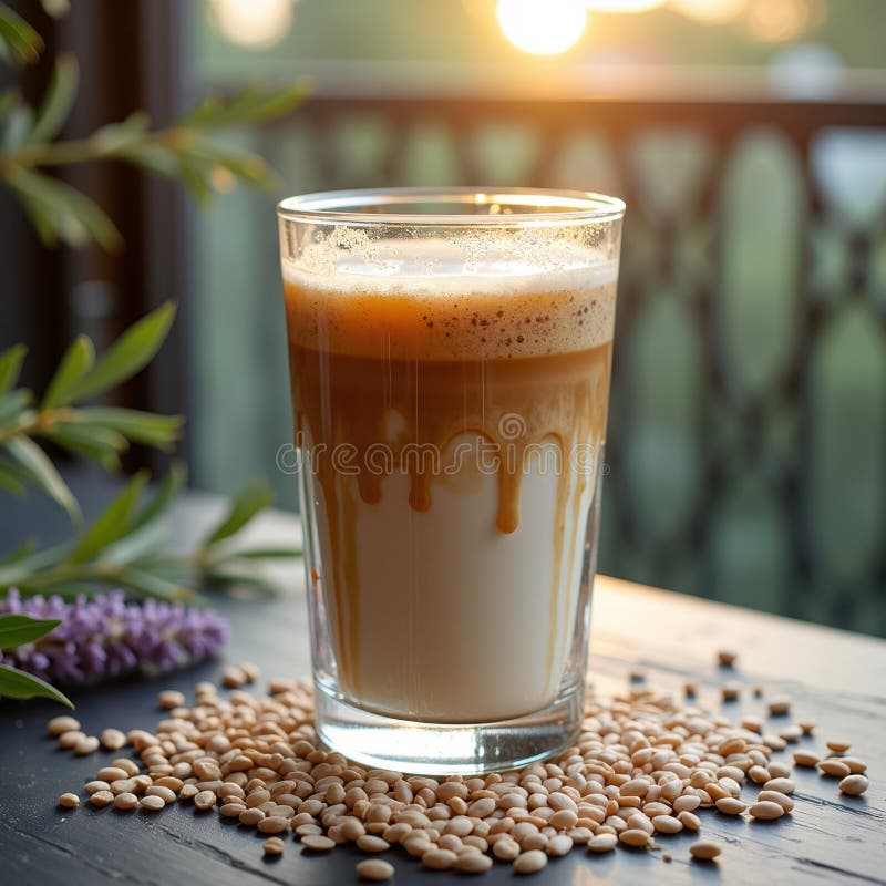 Iced Coffee Latte with Soy Milk and Beans in Warm Morning Sunlight ...
