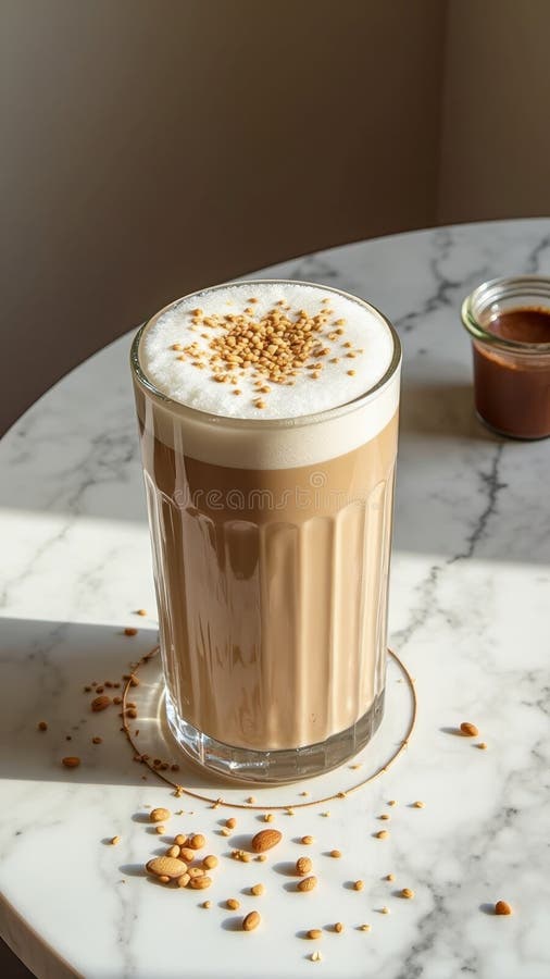 Iced Coffee Latte in Tall Glass with Foam and Seed Garnish on Marble ...