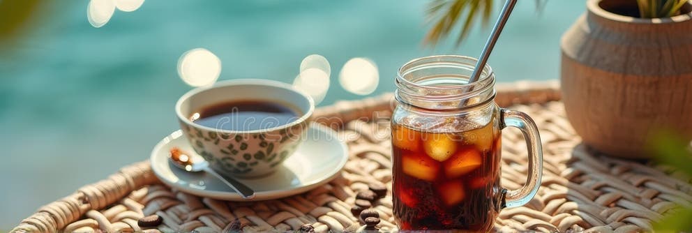 Iced Coffee in Mason Jar and Hot Tea in Cup on Woven Table by Poolside ...