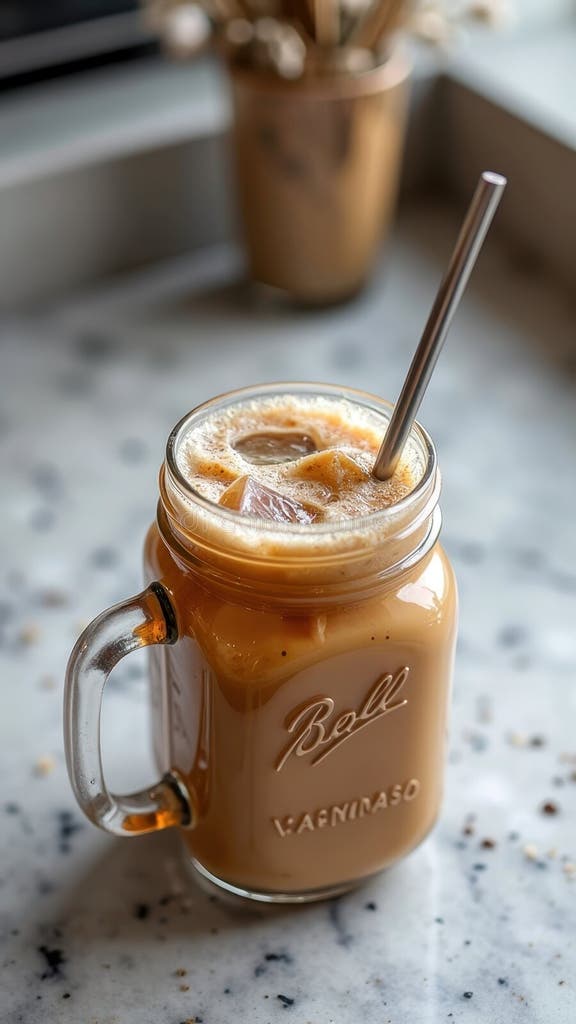 Iced Coffee in Mason Jar with Straw on Marble Countertop Stock Image ...