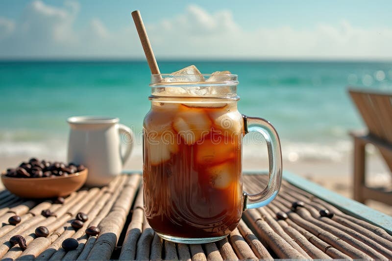 Iced Coffee in Mason Jar on Tropical Beach with Ocean View and Coffee ...