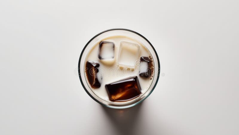 Iced Coffee with Milk and Ice Cubes in Glass Top View. Stock Photo ...