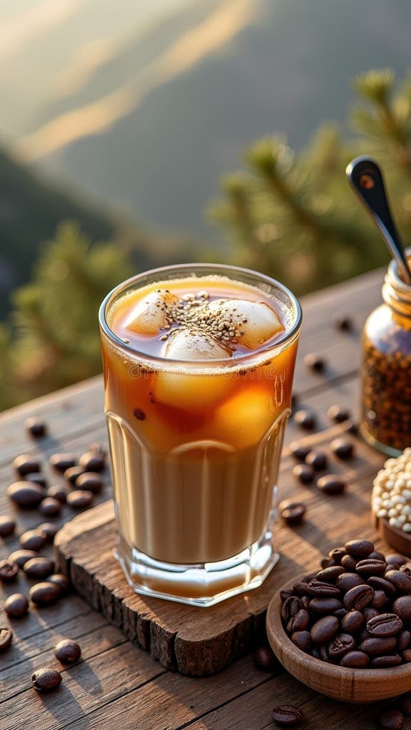 Iced Coffee with Milk on Rustic Outdoor Table Surrounded by Coffee ...