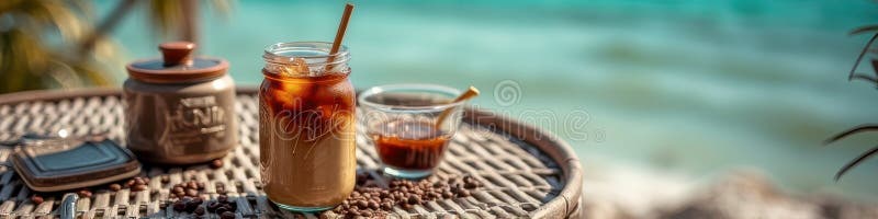 Iced Coffee with Ocean View on Wicker Table Surrounded by Coffee Beans ...