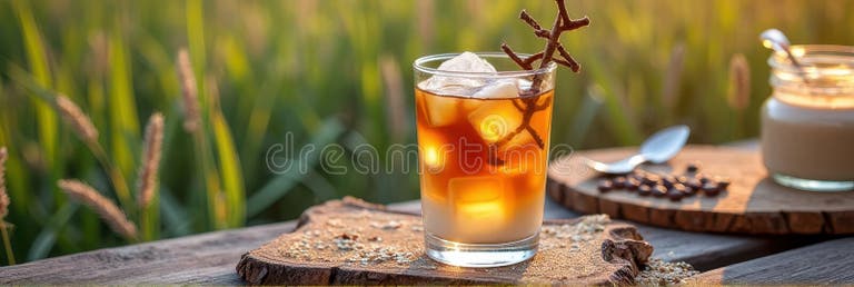Iced Coffee in Outdoor Setting with Sunlit Grasses and Rustic Decor ...