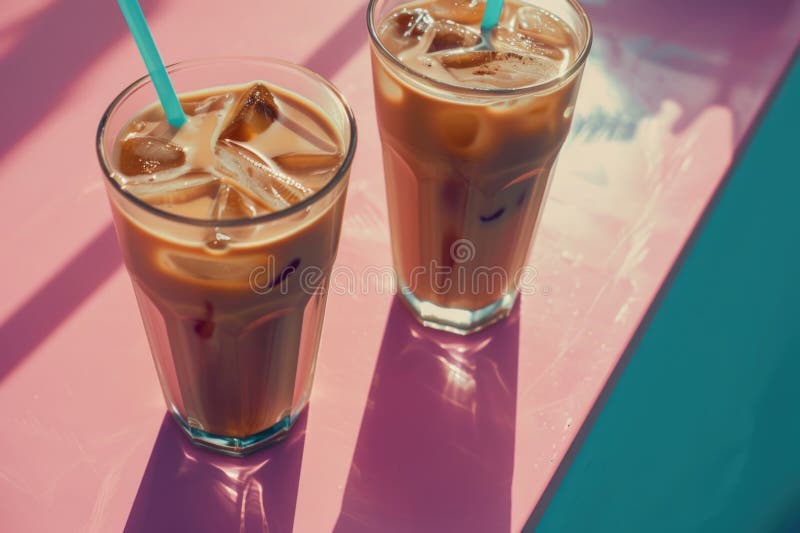 Iced Coffee on Pink Table stock photo. Image of table - 374175668