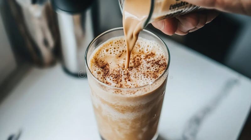 Iced Coffee Preparation, Kitchen Counter, Cream Pouring, Morning Light ...