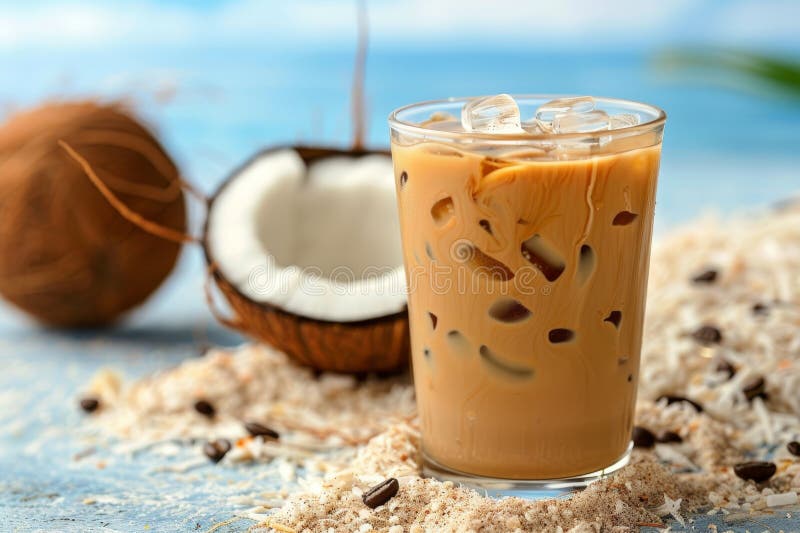 Iced Coffee Product on Sand with Coconut, Blue Sky, High Resolution ...