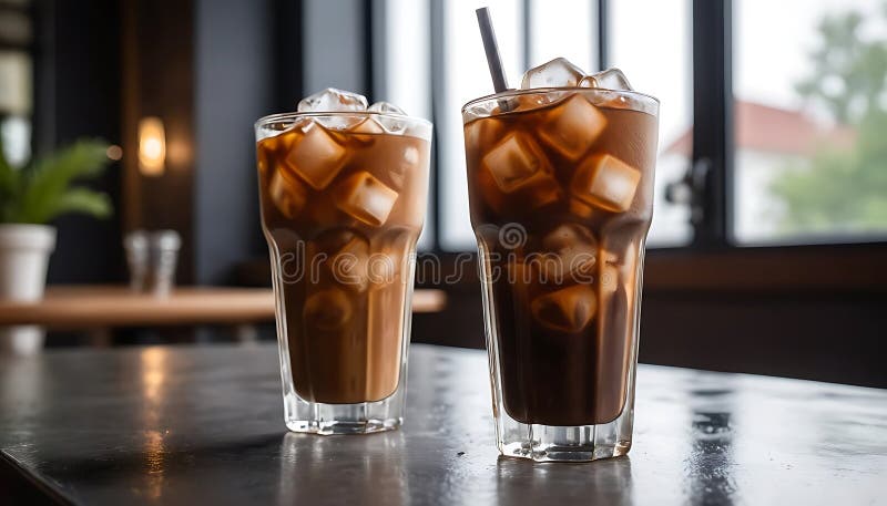 Iced Coffee Refreshment Two Glasses of Cold Brew on Tabletop Stock ...