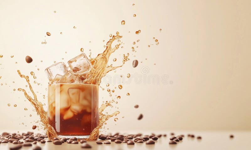 Iced Coffee Splash with Ice Cubes and Coffee Beans, Dynamic Liquid ...