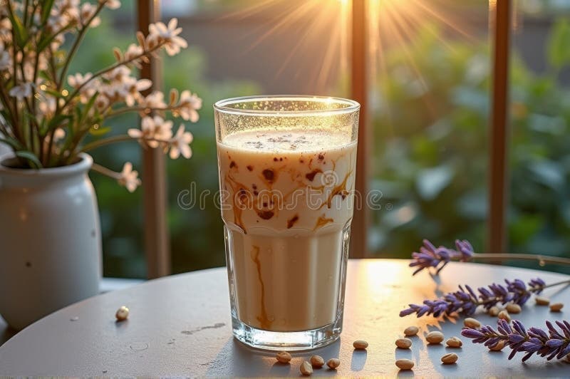 Iced Coffee in Sunlight with Flowers and Seeds on Table Stock Image ...