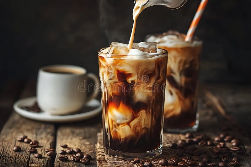 Iced Coffee Swirls with Cream Creating Mesmerizing Patterns Over Ice ...