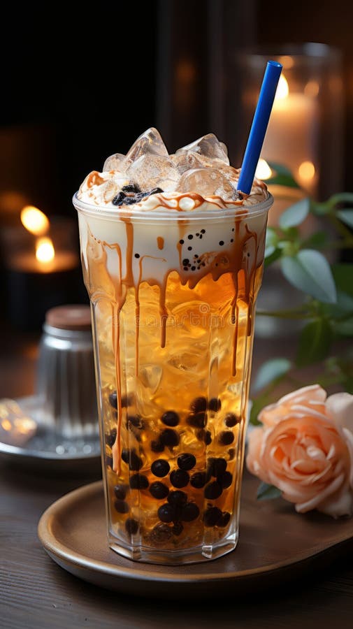 Iced Coffee with Tapioca Bubbles and Ice Cubes in Glass on Wooden Table ...
