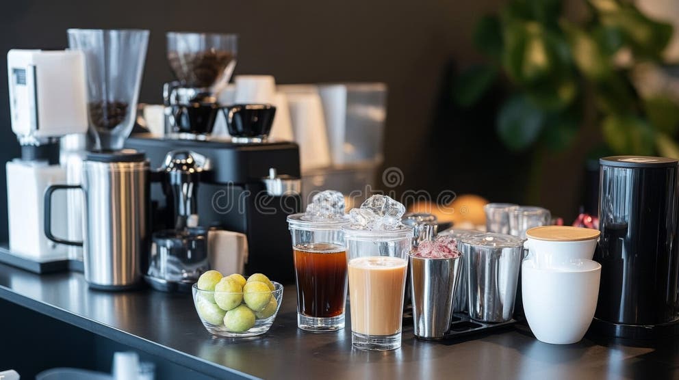 Iced Coffee and Tea Beverages on a Countertop with Coffee Maker Stock ...