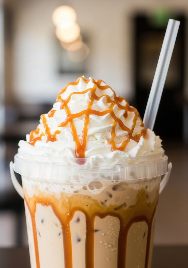 Iced Coffee with Whipped Cream and Caramel Drizzle in Plastic Cup Stock ...