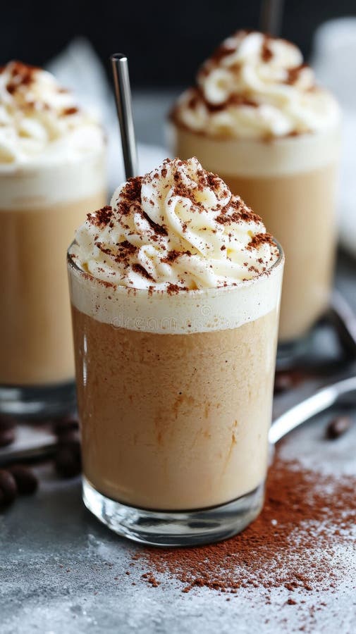 Iced Coffee with Whipped Cream and Cocoa Powder Topping Stock ...