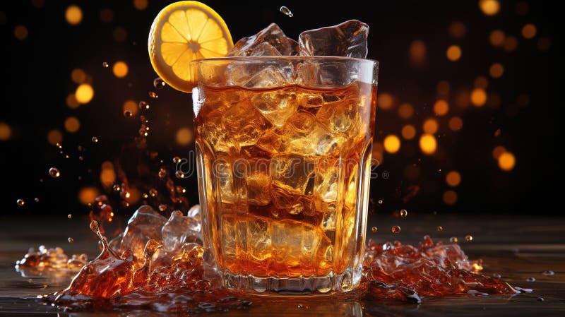 An Iced Coke with Splashing Liquid Shimmering Lights in Background ...