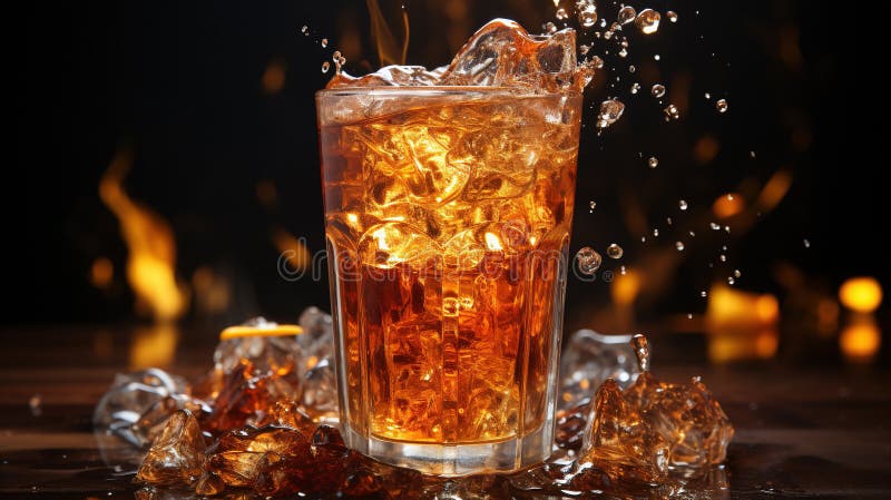 An Iced Coke with Splashing Liquid Shimmering Lights in Background ...