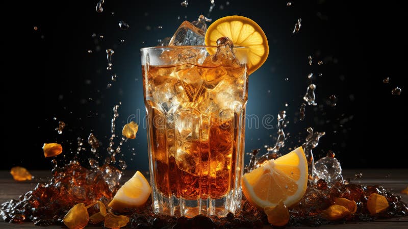 An Iced Coke with Splashing Liquid Shimmering Lights in Background ...