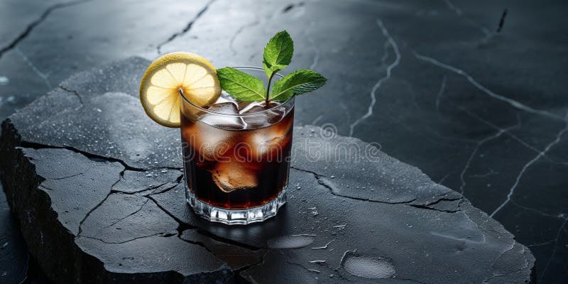 Iced Cola Drink with Lemon and Mint on Dark Stone Surface. Stock Photo ...