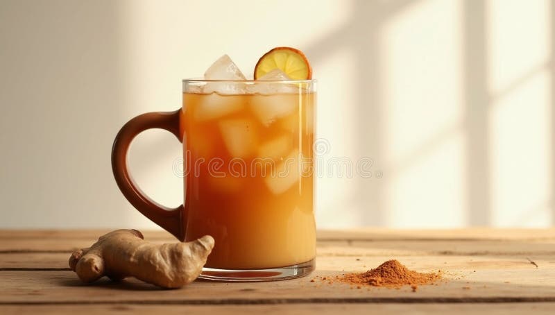 Iced Ginger Tea with Lemon Slice and Ice Cubes in a Glass Mug on a ...