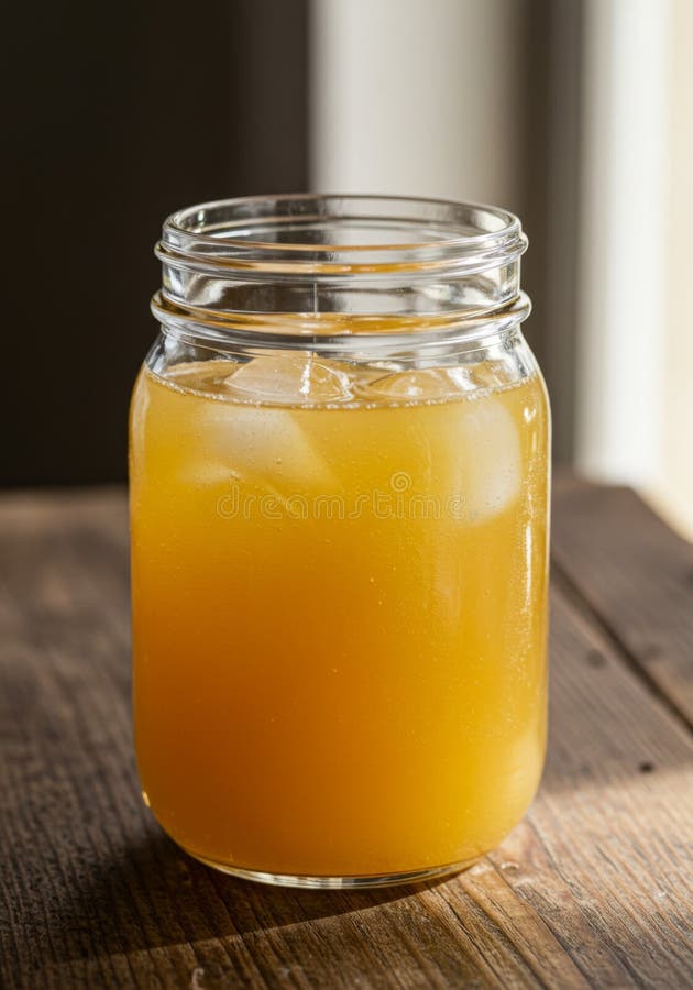 Iced Golden Beverage in Mason Jar on Wooden Table Stock Image - Image ...