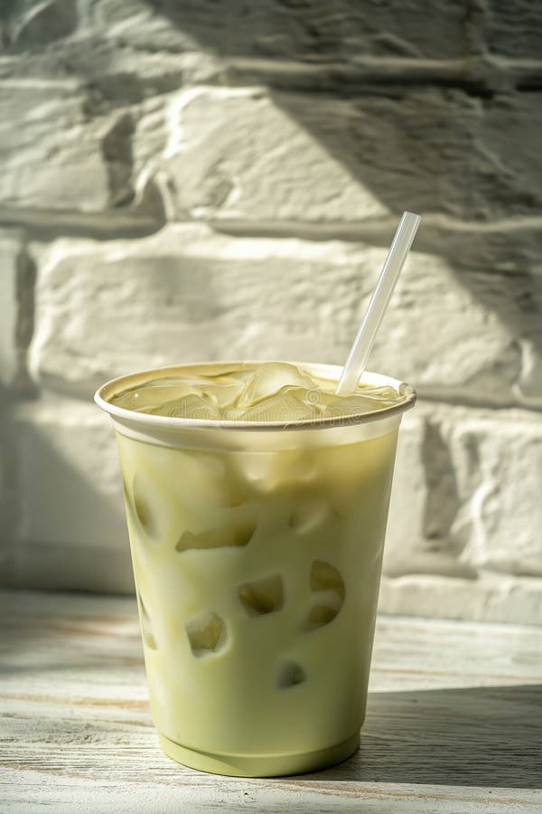 Iced Green Tea Drink in Disposable Cup with Straw on Wooden Surface ...