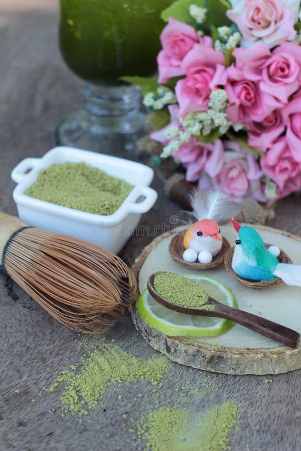 Iced Green Tea with Lemon and Matcha Tea Powder. Stock Image - Image of ...