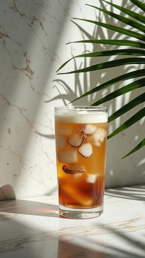 Iced Herbal Tea with Palm Leaf Shadow on Marble Surface Stock Photo ...