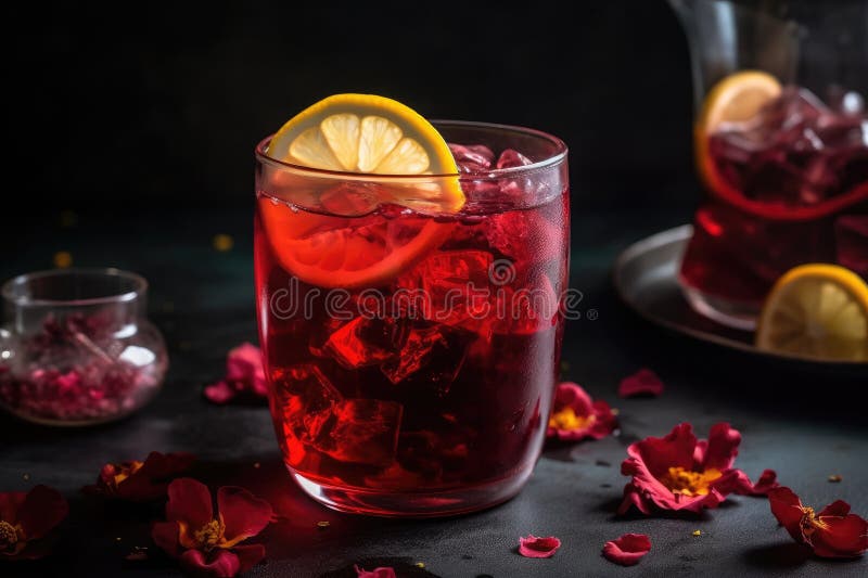 Iced Hibiscus Tea with a Lemon Wedge. Generative AI Stock Illustration ...