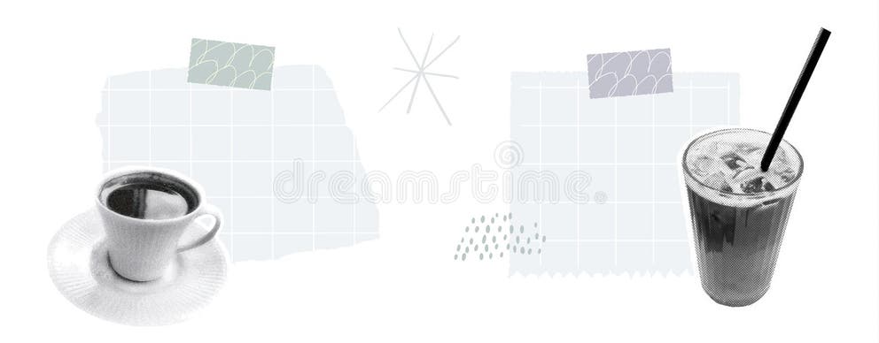 Iced and Hot Coffee on White Torn Paper Collage Notes, Minimal Grid ...