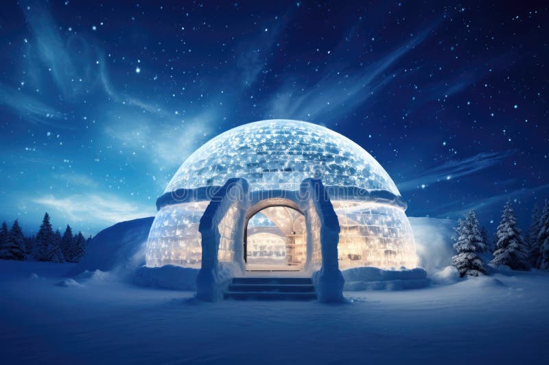 Igloo in Winter Landscape with Polar Lights in Sky AI Generated Stock ...